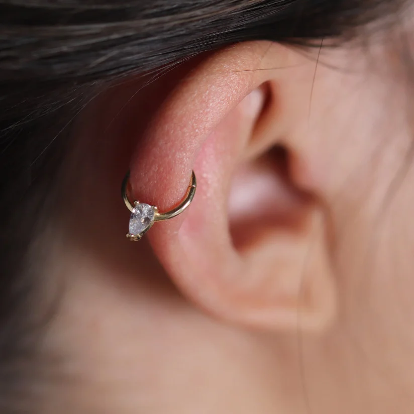 Damla Taşlı Halka Piercing | 14 Ayar Altın KÜPELER | Değerli Kuyumculuk